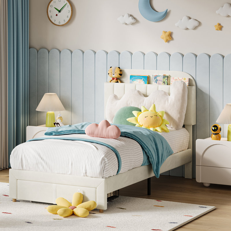 Twin Size Bed Frames with Storage Headboard Velvet Upholstered Platform Bed Frame with Strong Wooden Slats Mercer41 Color Blue